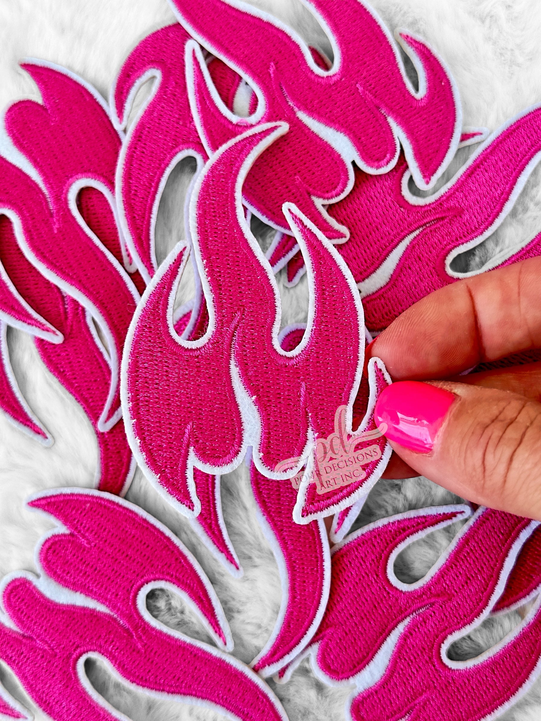 Hot pink flame patch – Pour Decisions Art Inc